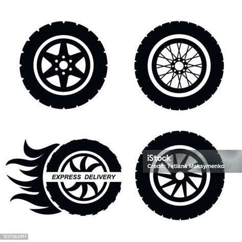 완전한 바퀴와 자동차 타이어의 다른 종류 강철 및 합금 림 익스프레스 배달 아이콘입니다 흰색 배경에 격리 된 타이어의 벡터 그림입니다 가장자리에 대한 스톡 벡터 아트 및