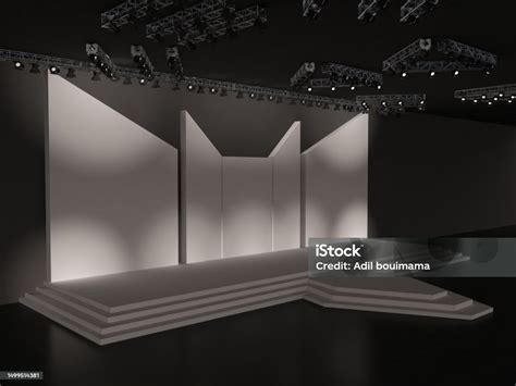 원근감 있는 계단 배경에 투영된 것 천장 프로젝터 시스템이 있는 이벤트 빈 무대 맞춤형 디자인 내부 홀 3d 렌더링 그림 영화