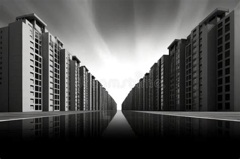 Row Of Identical Office Buildings Gradually Decreasing In Size