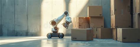 Mobile Robotic Arm Moving Packages In A Bright Modern Warehouse Demonstrating Efficient