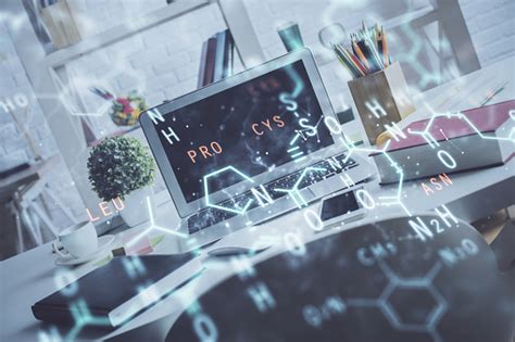 데스크톱 컴퓨터 배경 및 포뮬러 홀로그램 쓰기 이중 노출 교육 개념 화학 과학에 대한 스톡 사진 및 기타 이미지 화학 과학