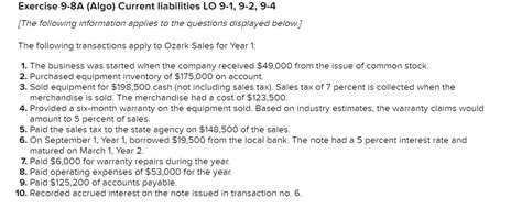 solved exercise 9 8a algo current liabilities lo 9 1 9 2