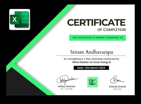 Excel Ai Dataanalytics Workshop Certificate Innovation Sriram