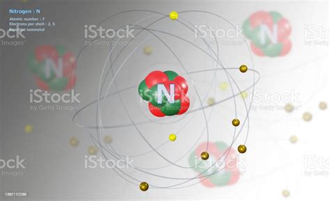 상세한 코어를 가진 질소의 원자와 원자를 가진 백색에 7개의 전자가 있습니다 0명에 대한 스톡 사진 및 기타 이미지 0명