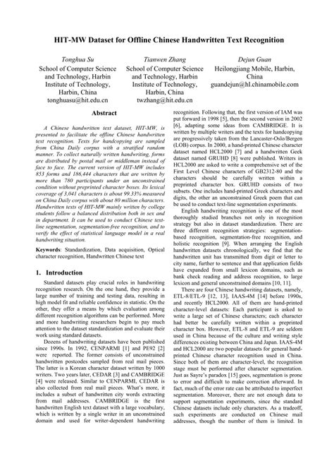 Pdf Hit Mw Dataset For Offline Chinese Handwritten Text Recognition