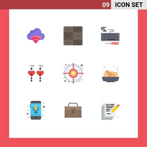 Set Of 9 Modern Ui Icons Symbols Signs For Target Aim Key Love Custom Earrings Editable Vector