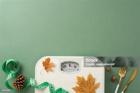 가을 테마의 체중 감량과 근육 형성 개념 저울 측정 테이프 포크 나이프 솔방울 도토리 단풍을 녹색 배경에 텍스트나 홍보를 위한 공간이 있는 상단 보기 샷 솔방울 코니퍼