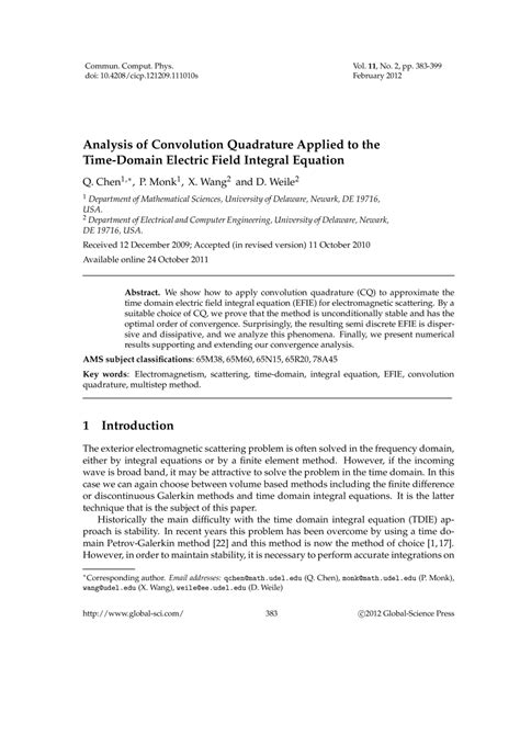 Global Science Press Analysis Of Convolution Quadrature Applied To The Time Domain Electric