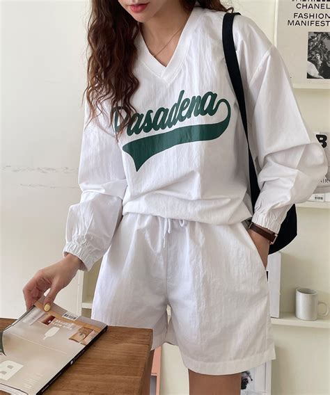 더무무 바스락 루즈핏 레터링 맨투맨 반바지 세트 아노락 긴팔 반바지 상하 세트