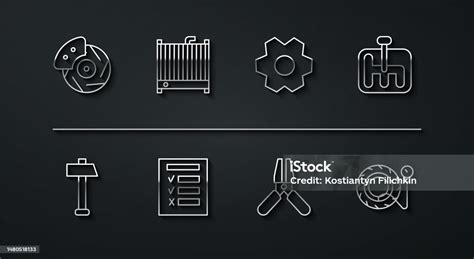 캘리퍼 해머 기어 시프터 배터리 점퍼 전원 케이블 검사 라디에이터 냉각 시스템 타이어 압력 게이지 및 아이콘이있는 라인 자동차 브레이크 디스크를 설정합니다 벡터 건설 산업에