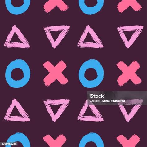 반복된 동그라미 십자가 거친 브러시로 직접 그린 삼각형 어린이 위한 기하학적 완벽 한 패턴입니다 그런 지 수채화 밑그림입니다 패턴에 대한 스톡 벡터 아트 및 기타 이미지