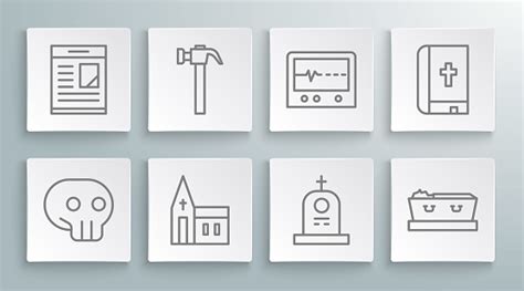 세트 라인 해골 망치 교회 건물 묘비가 있는 무덤 죽은 관 비트 모니터 성경 책 및 사망 기사 아이콘 벡터 찢겨진에 대한 스톡 벡터 아트 및 기타 이미지 Istock