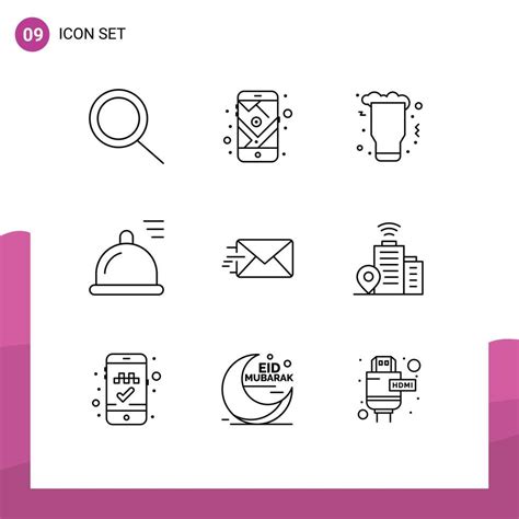 Pack Of 9 Modern Outlines Signs And Symbols For Web Print Media Such As Building Mail Party