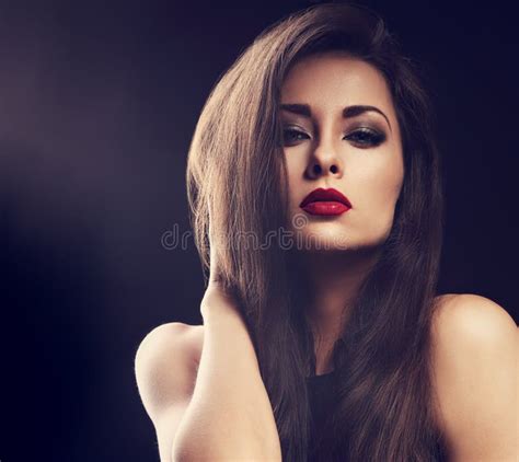 Beautiful Makeup Glamour Female Model With Red Lipstick And Long Stock