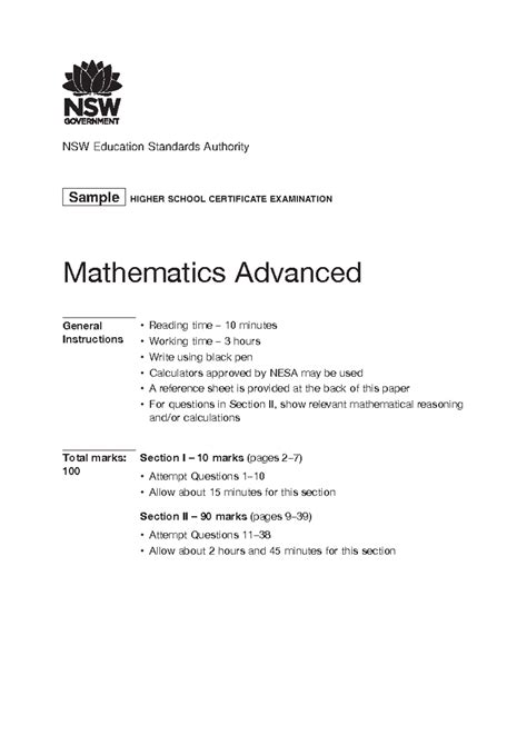 Mathematics Advanced Sample Examination Materials 2020 Reading Time 10 Minutes Working Time