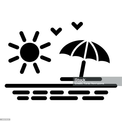 해변 단단한 아이콘 여름 개념 흰색 배경에 일출 기호 우산이 있는 바다 전망 문자 모양 모바일 개념 웹 디자인의 태양과 갈매기 아이콘 벡터 그래픽 검은색에 대한 스톡 벡터