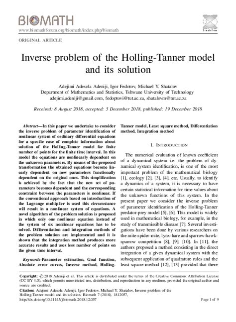 Pdf Inverse Problem Of The Holling Tanner Model And Its Solution