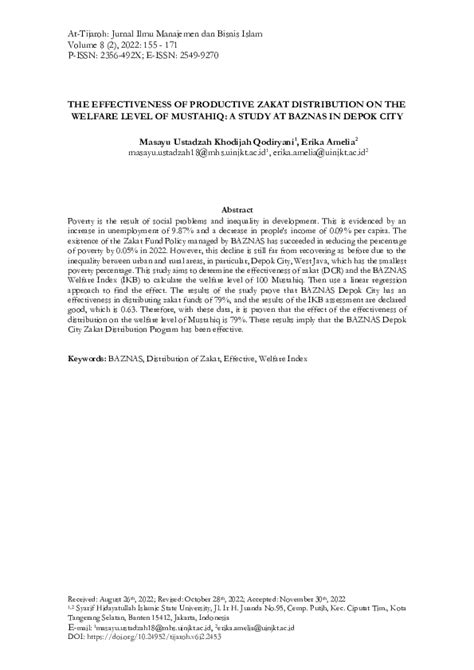 Pdf The Effectiveness Of Productive Zakat Distribution On The Welfare Level Of Mustahiq A