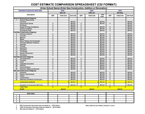 Comparison Spreadsheet Template Excel