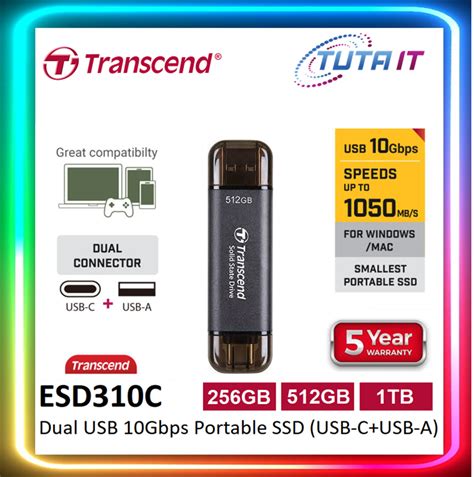 TRANSCEND EXT SSD ESD C DUAL USB GBPS EXTERNAL PORTABLE SSD WITH USB C USB A CONNECTOR