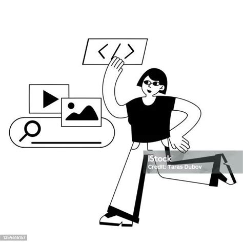 여성 캐릭터 웹 디자이너 웹 사이트 개발 코딩 및 프로그래밍 디지털 직업 모바일 앱 및 여성 프로그래머 만들기 만화 일러스트 개요 벡터에 대한 스톡 벡터 아트 및 기타
