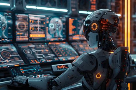 Artificial Intelligence Robot Humanoid Android That Operates Multiple Computers And Screens