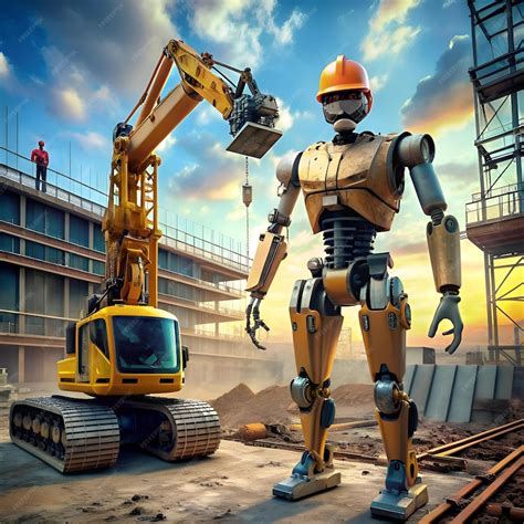 A Futuristic Robot Construction Worker Stands Beside A Powerful Crane