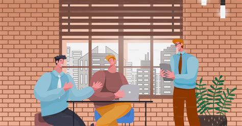 노트북으로 테이블별로 사업 아이디어를 논의하는 사람들 회사 발전에 대한 생각을 회의하는 캐릭터 하숙실에서 남성 근로자에 대한 세미나 또는 비공식 브리핑 플랫 스타일의