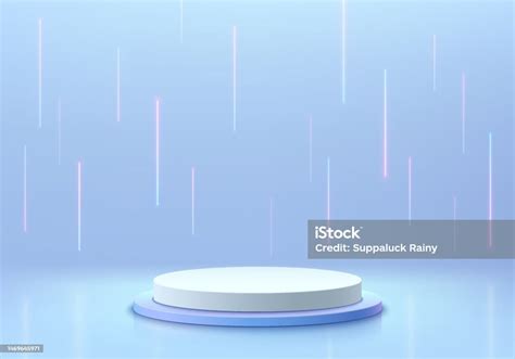 현실적인 실린더 받침대 연단이 있는 미래 지향적인 3d 파란색 홀로그램 배경 빛나는 속도 네온 라이트 라인 최소한의 벽 장면