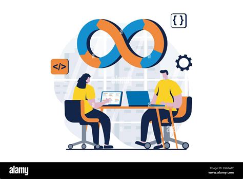 DevOps Concept With People Scene In Flat Cartoon Design Woman And Man