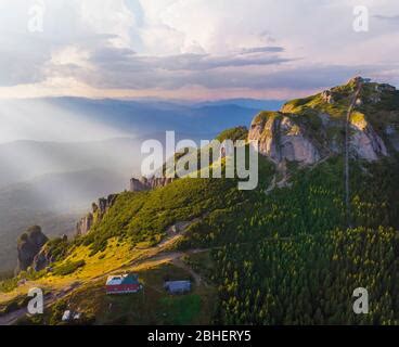 Aerial Landscape View From Ceahlău Mountains National Park At Sunrise