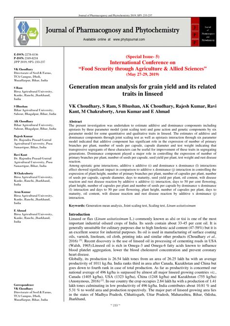 Pdf Generation Mean Analysis For Grain Yield And Its Related Traits In Linseed