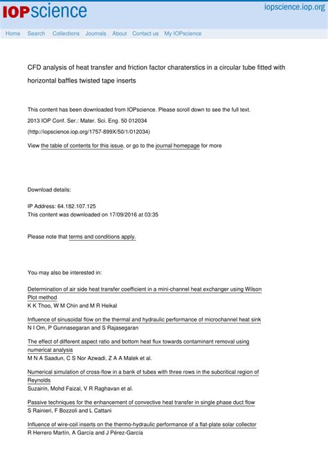 Pdf Cfd Analysis Of Heat Transfer And Friction Factor Charaterstics In A Circular Tube Fitted