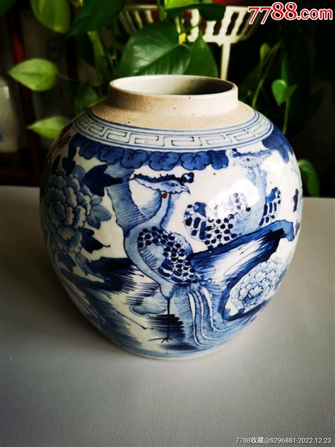 清中期青花凤凰牡丹罐青花瓷红色收藏文化馆【7788商城】