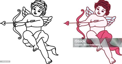 로마의 사랑의 신 큐피드 큐피드는 활과 화살을 들고 날개를 가진 케루빅 인물로 표시됩니다 화살은 사랑과 애정을 상징하는 하트 모양의 끝이 있습니다 그는 흐르는 분홍색 천으로