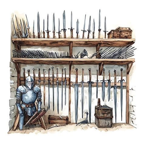 Medieval Armory With Knight In Armor And Assortment Of Weapons Stock