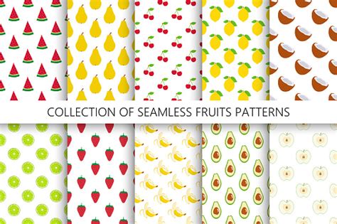 원활한 과일 기하학적 패턴의 컬렉션 손으로 그린 만화 디자인 반복 가능한 여름 자연 배경 밝은 끝없는 인쇄물 벡터 일러스트 레이 션 가리기에 대한 스톡 벡터 아트 및 기타