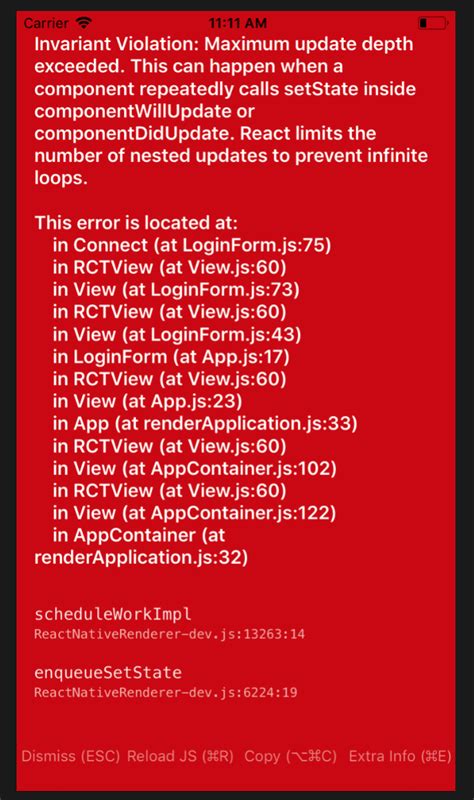 React Native Invariant Violation Maximum Update Depth Exceeded