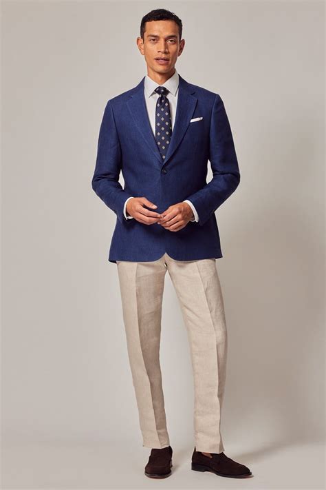 Navy Double Breasted Blazer Khaki Linen Pants Light Grey Shirt Navy
