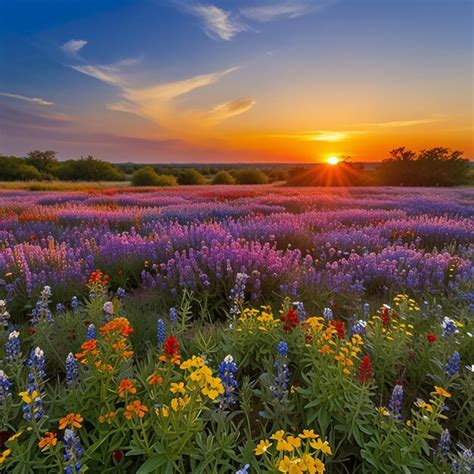 Texas Wildflowers At Sunrise Premium Ai Generated Image