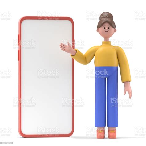 큰 전화와 웃는 여자 안젤라의 3d 그림 화면을 손가락으로 가리키는 남자를 서있는 만화 캐릭터의 초상화 흰색 배경에 3d 렌더링 3차원 형태에 대한 스톡 사진 및 기타