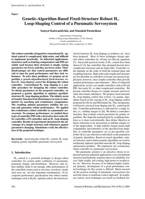 Pdf Position Control Of A Pneumatic Servo System By Genetic Algorithm Based Fixed Structure