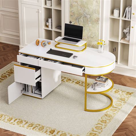 60 Modern Executive Desk White Curved Computer Desk With Monitor