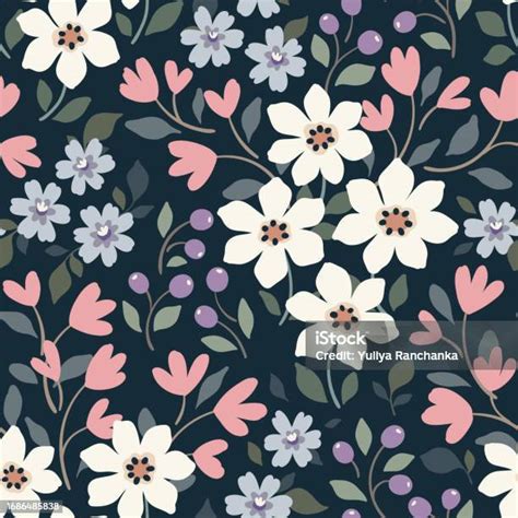 매끄러운 꽃 무늬 숲 초원이 있는 자유의 무늬 프린트 어두운 들판에 작고 귀여운 꽃 벡터 꽃 식물에 대한 스톡 벡터 아트 및 기타 이미지 Istock