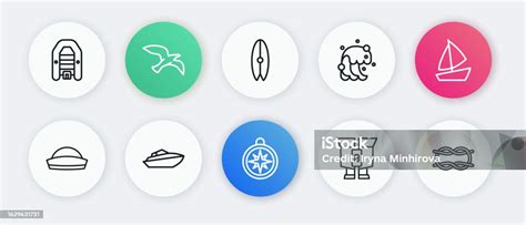 세트 라인 나침반 요트 요트 선원 모자 쌍안경 쓰나미 서핑 보드 항해 로프 매듭 및 스피드 보트 아이콘 벡터 가공의 인물에 대한 스톡 벡터 아트 및 기타 이미지 Istock