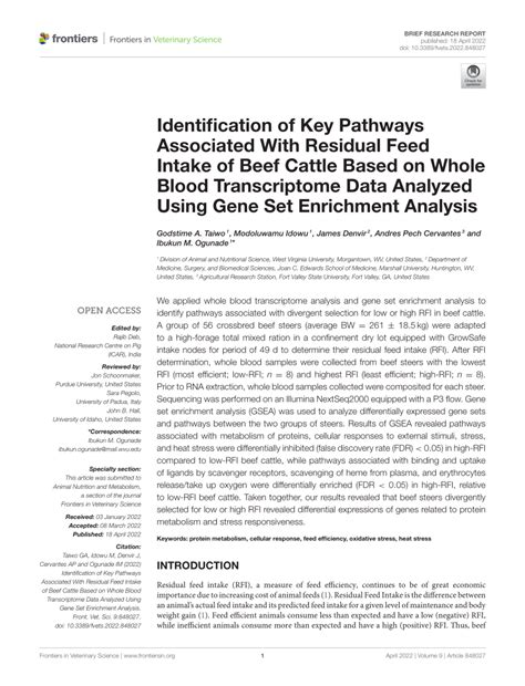 Pdf Identification Of Key Pathways Associated With Residual Feed Intake Of Beef Cattle Based