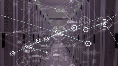 Animation Of Network Of Connections With Icons And Data Processing Over Server Room Stock Video