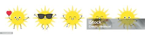 태양 귀여운 캐릭터 만화 세트 점프 인사 사랑 실행 노래 미소 얼굴 기호 여름 따뜻한 더위 날씨 햇빛 쾌활한 카와이 기쁨 행복 한 감정 아이콘 벡터 일러스트 레이 션