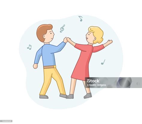 댄스 파티 개념 함께 춤추는 남자와 여자 만족 커플 댄스 리듬 댄스 나이트 클럽에서 댄스 파티를 즐기는 캐릭터 만화 선형 윤곽 선개 플랫 스타일 벡터 일러스트레이션