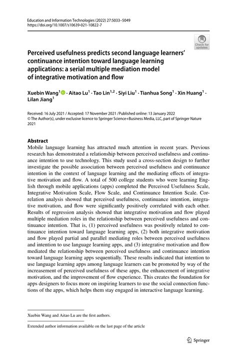 Pdf Perceived Usefulness Predicts Second Language Learners Continuance Intention Toward